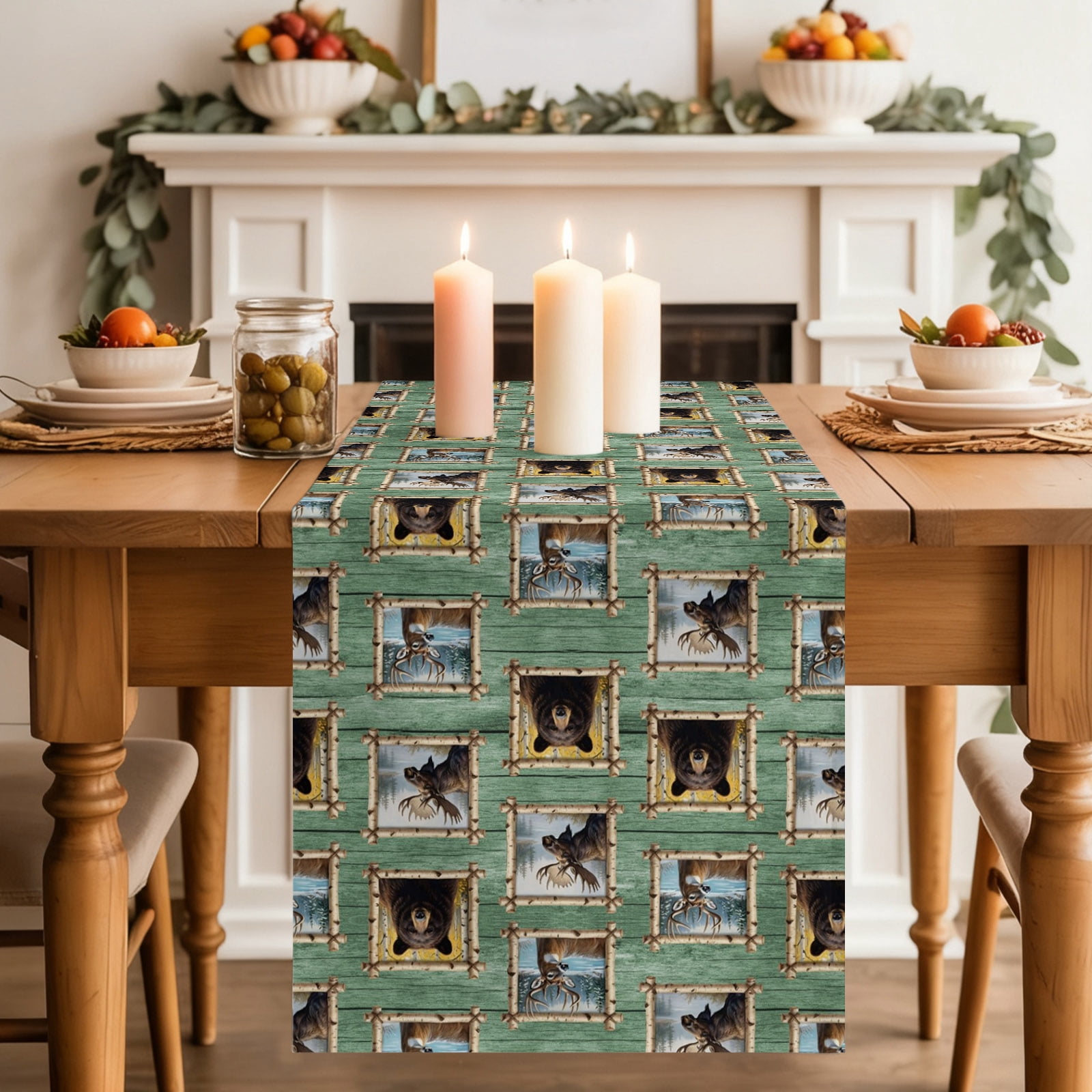 Bears in Frames Table Runner, Rustic Cabin Bear Elk Green Wood Grain ...