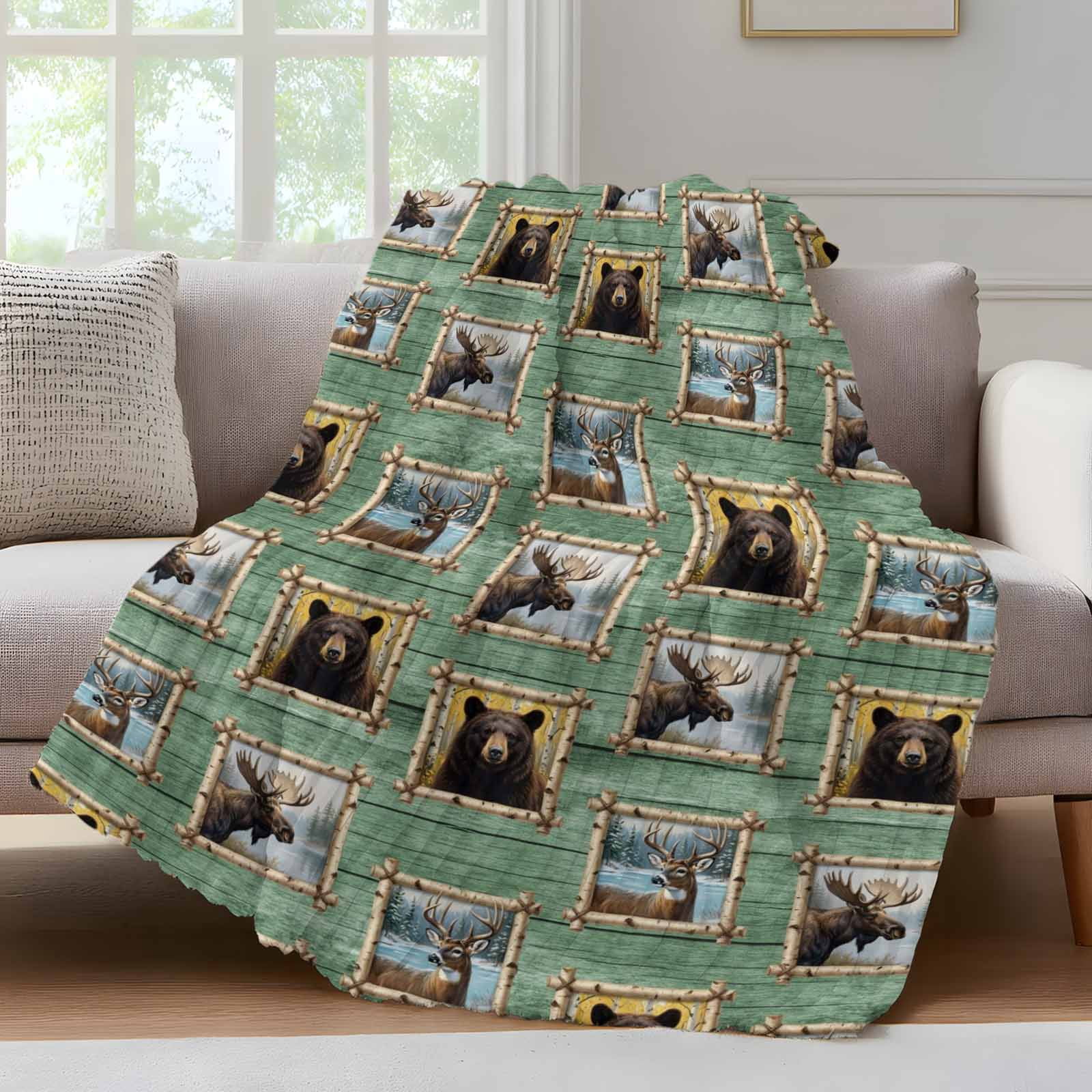 Bears in Frames Throw Blanket for Couch Rustic Cabin Bear Elk Green ...