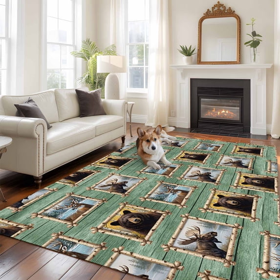Bears in Frames Washable Area Rug 5x7 Rustic Cabin Bear Elk Green Wood ...