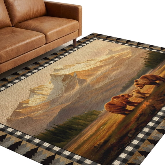Bears Mountains Washable Area Rug 5 x 7 ft Rustic Brown Wildlife Forest ...