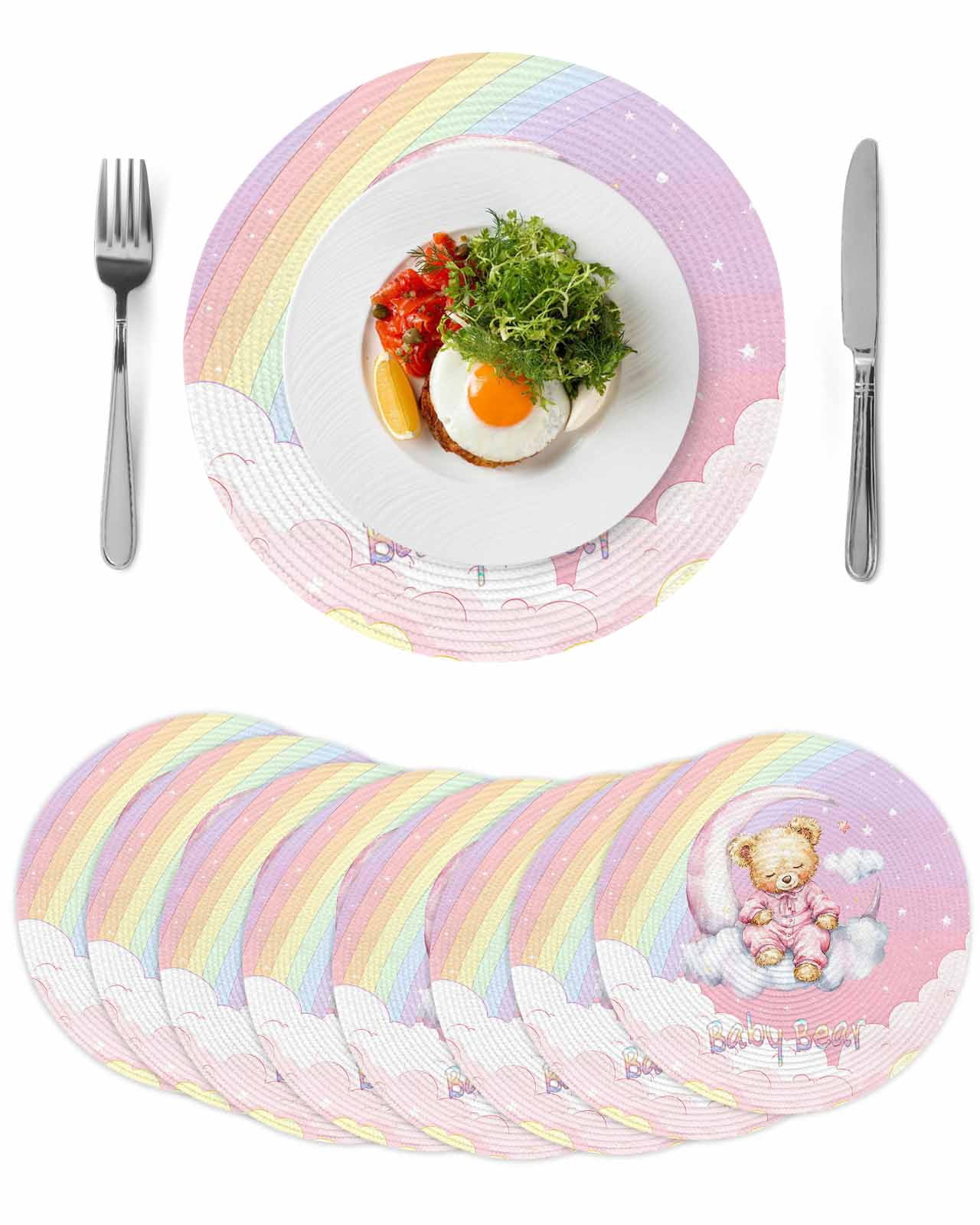 Bears Round 15 Inch Placemats Set of 8, Cute Rainbow Clouds Moon Pink ...