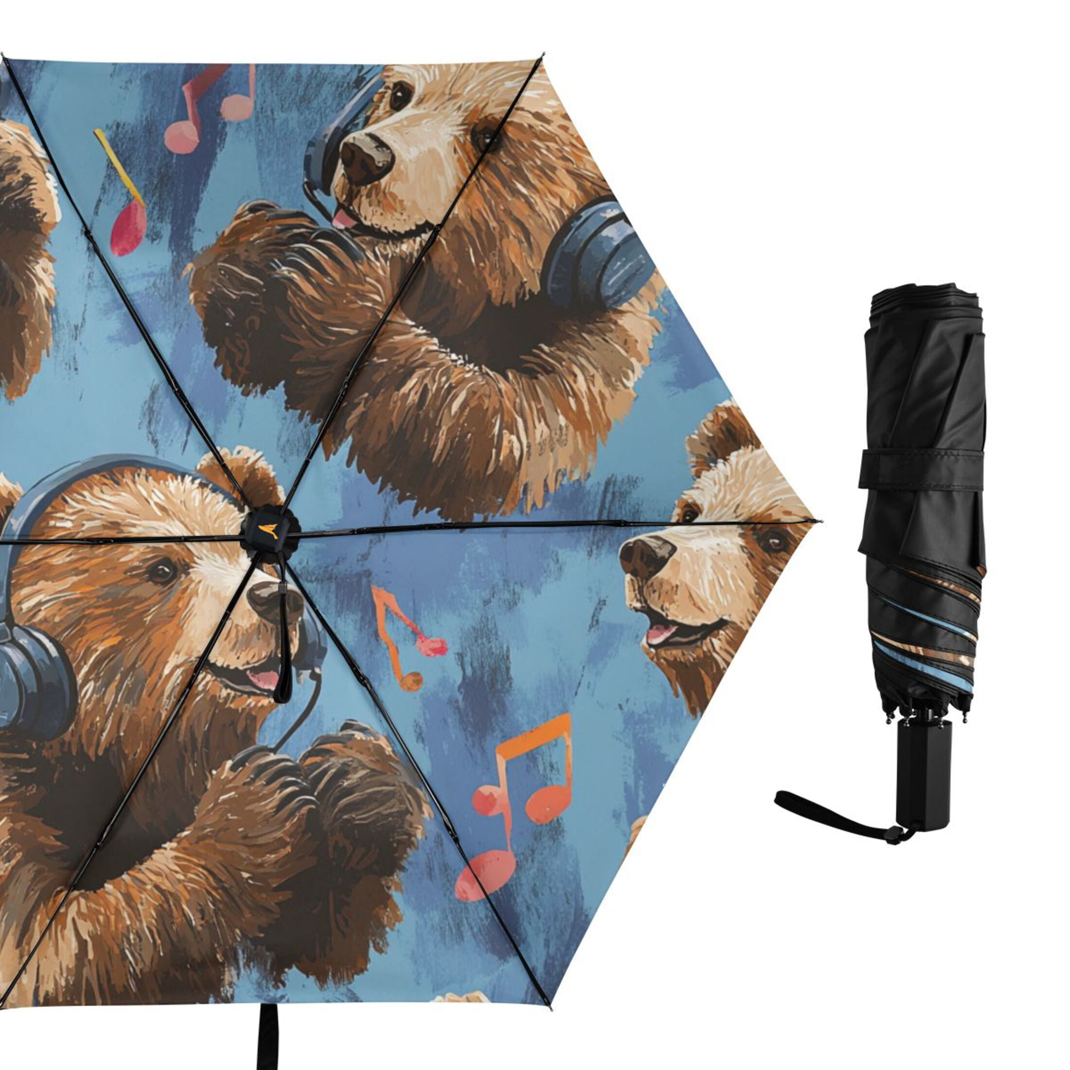 Bears with Headsets Music Notes Triple Folding Umbrella Parasol 6 Ribs ...