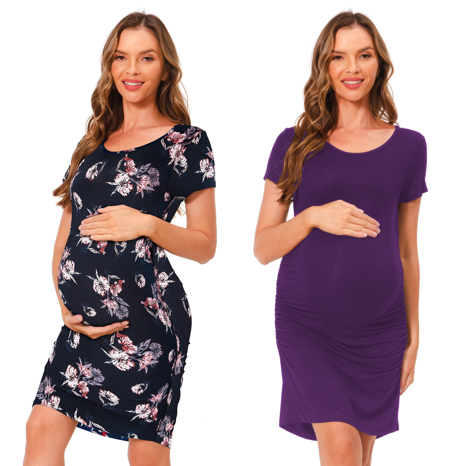 Bearsland Female Short Sleeve Knee-Length Maternity Dress Side Ruched ...