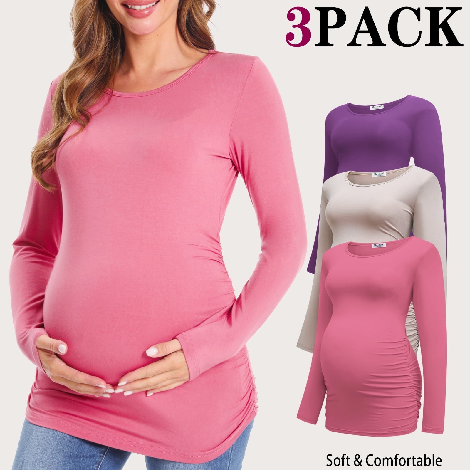 Bearsland Women's Maternity Tops, Long Sleeve, Side Ruched, Casual ...