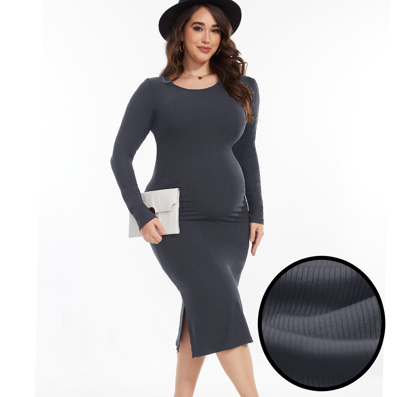 Bearsland Women's Long Sleeve Ribbed Knit Side Slit Maternity Dress ...