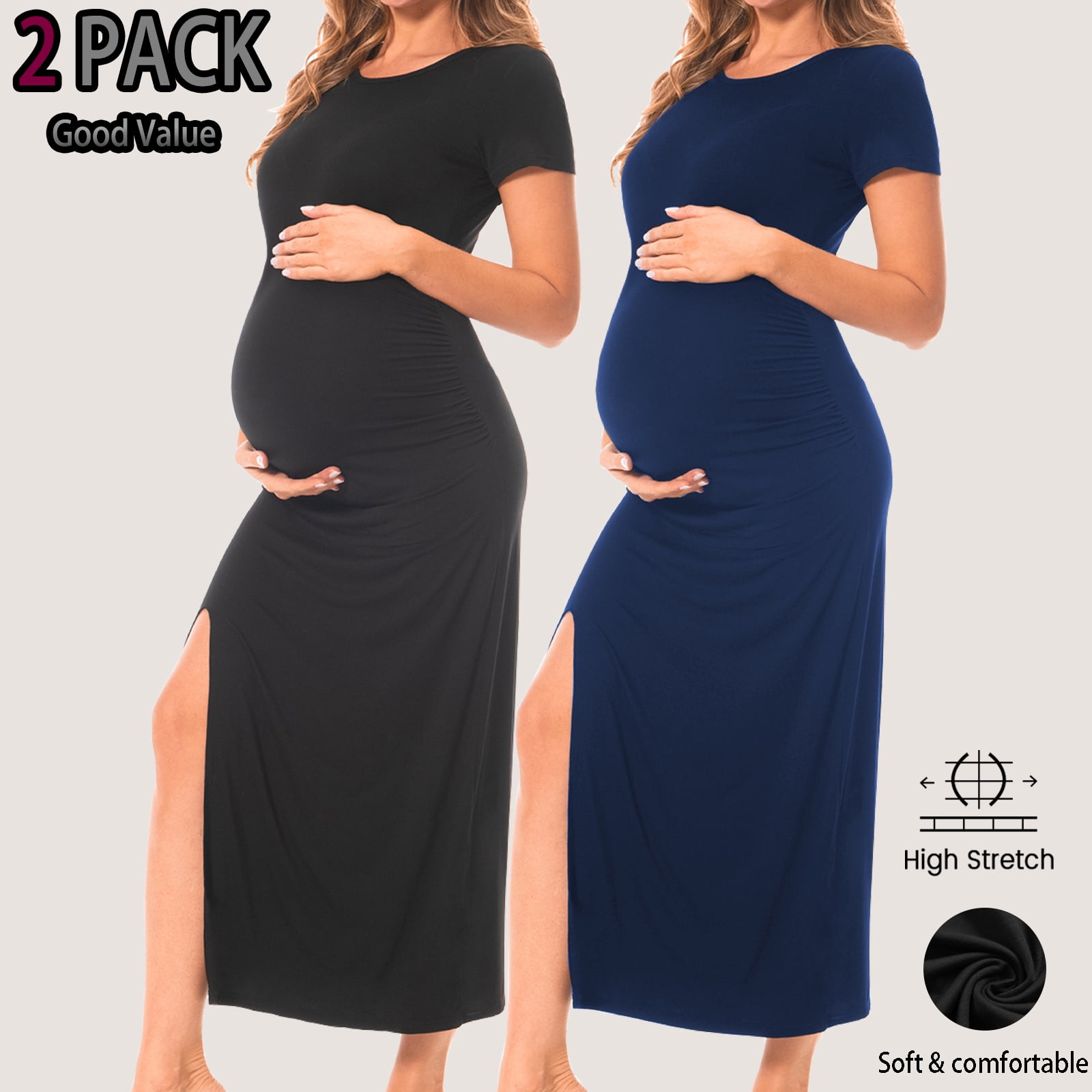 Bearsland Women's Short Sleeve Maternity Dress Ruched Split Pregnancy ...