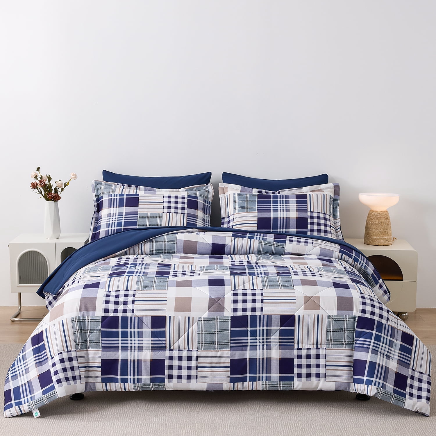 Beartech 7 Piece Comforter Set-Navy Blue Plaid Luxury Soft Bed Set ...