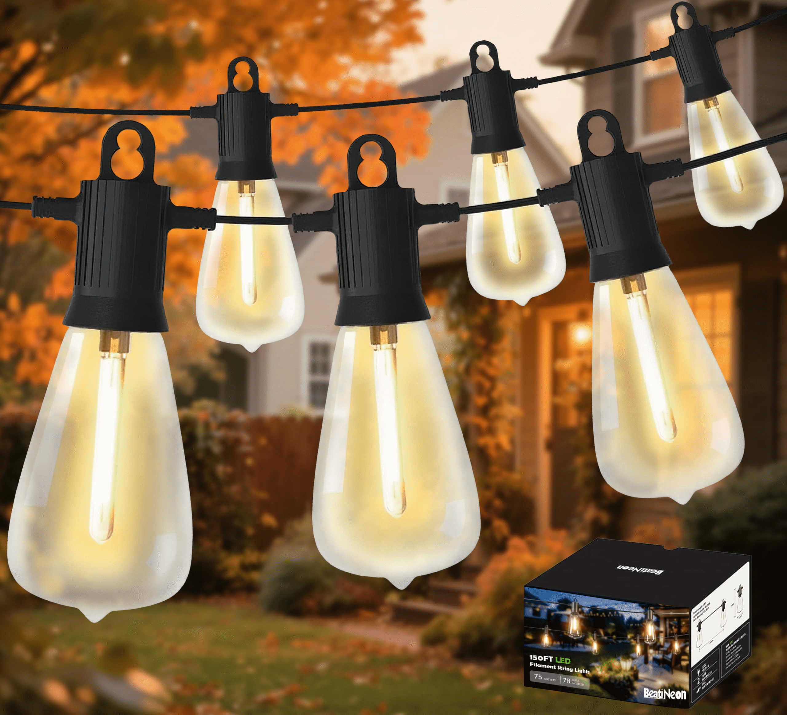 Beatineon Outdoor String Lights 150 ft, LED Patio Lights with 77 (75+3 ...