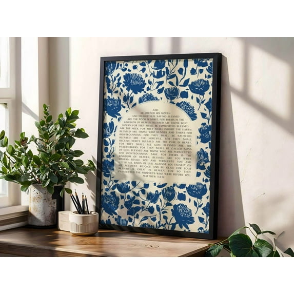 Beatitudes Scripture Poster Blue Floral Wall Art for Peaceful and ...