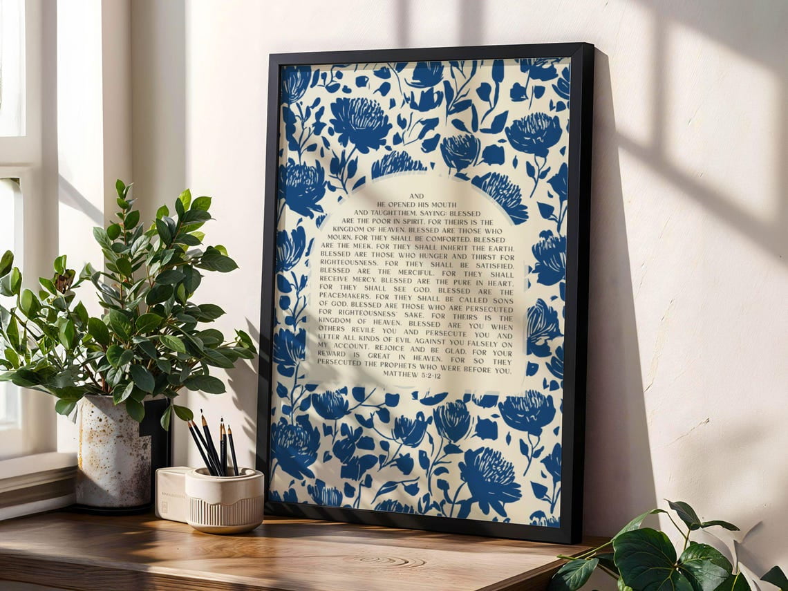 Beatitudes Scripture Poster Blue Floral Wall Art for Peaceful and ...