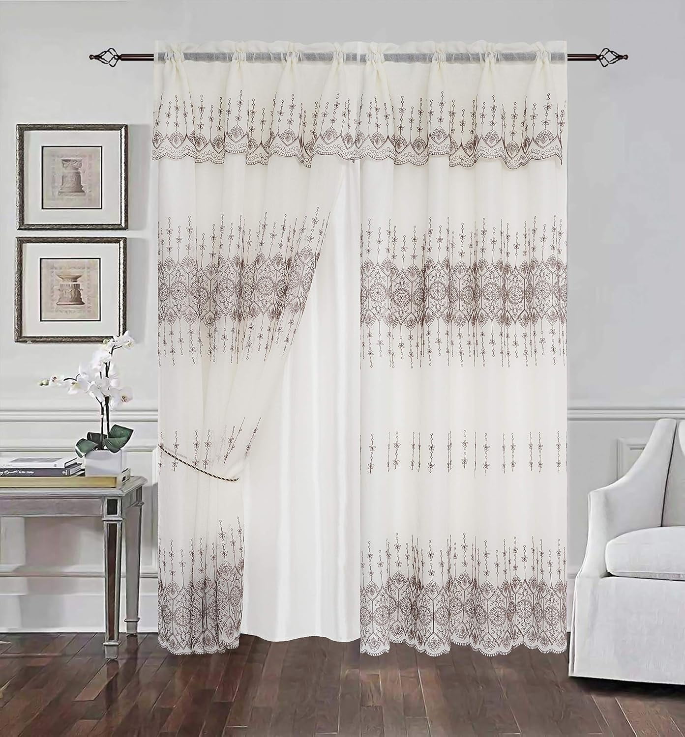 Beatrice Home Embroidery Window Panel Set Drapes Curtain with Attached Valance and Backing Sheer ...