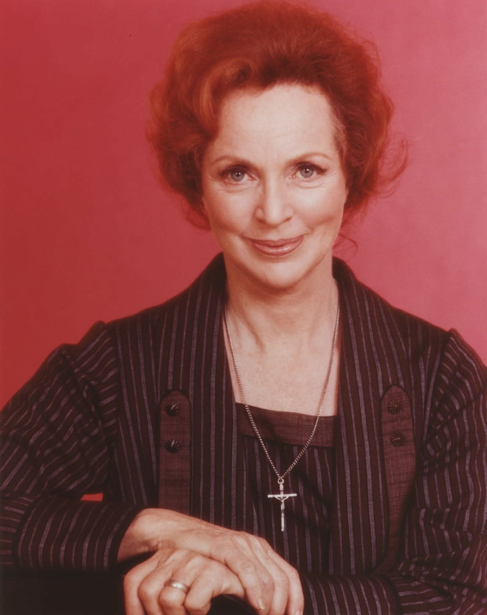 Beatrice Straight smiling Portrait in Black Stirped Linen Suit Dress ...