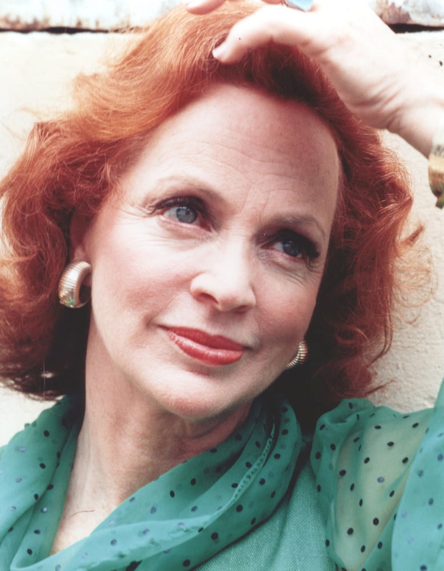 Beatrice Straight smiling Portrait in Blue Green Polka Dot Dress Photo ...