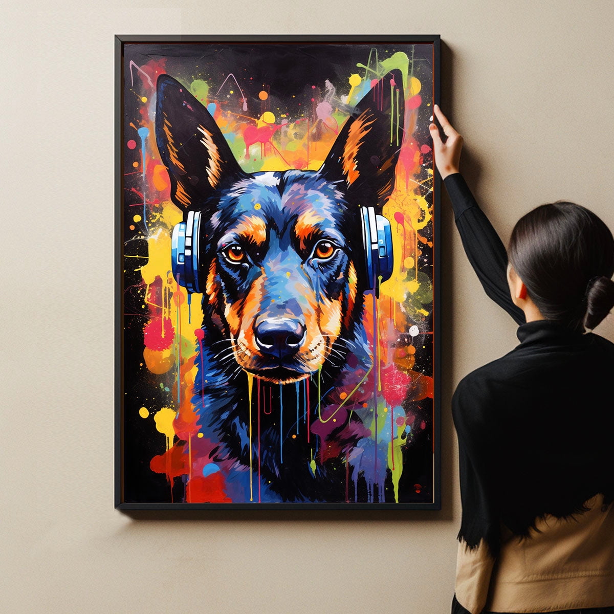 Beauceron Dog Headphone Art Print Canvas, Wall art Painting Decor, Dog ...