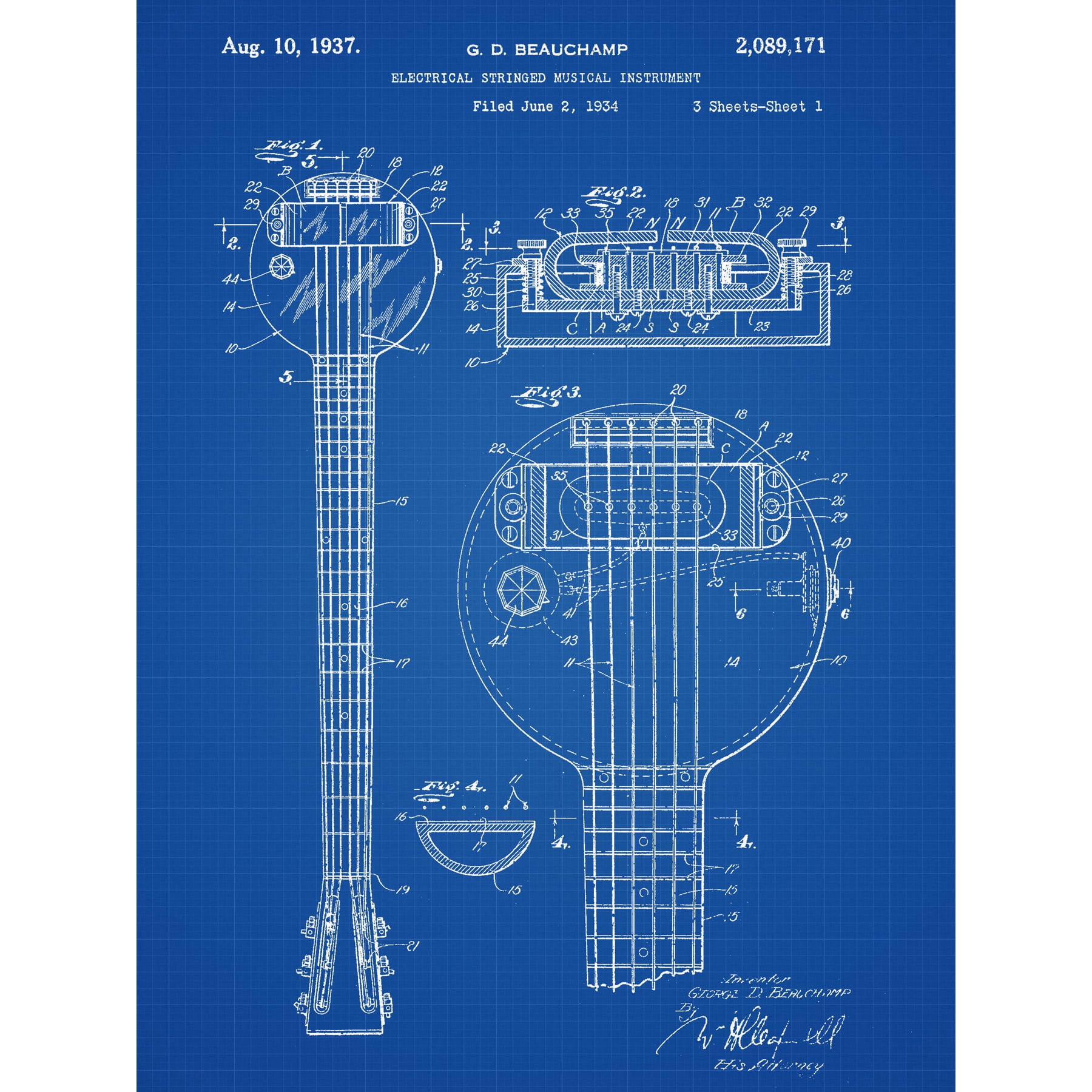 Beauchamp Electrical Fry Pan Guitar 1937 Patent Plan Extra Large XL ...