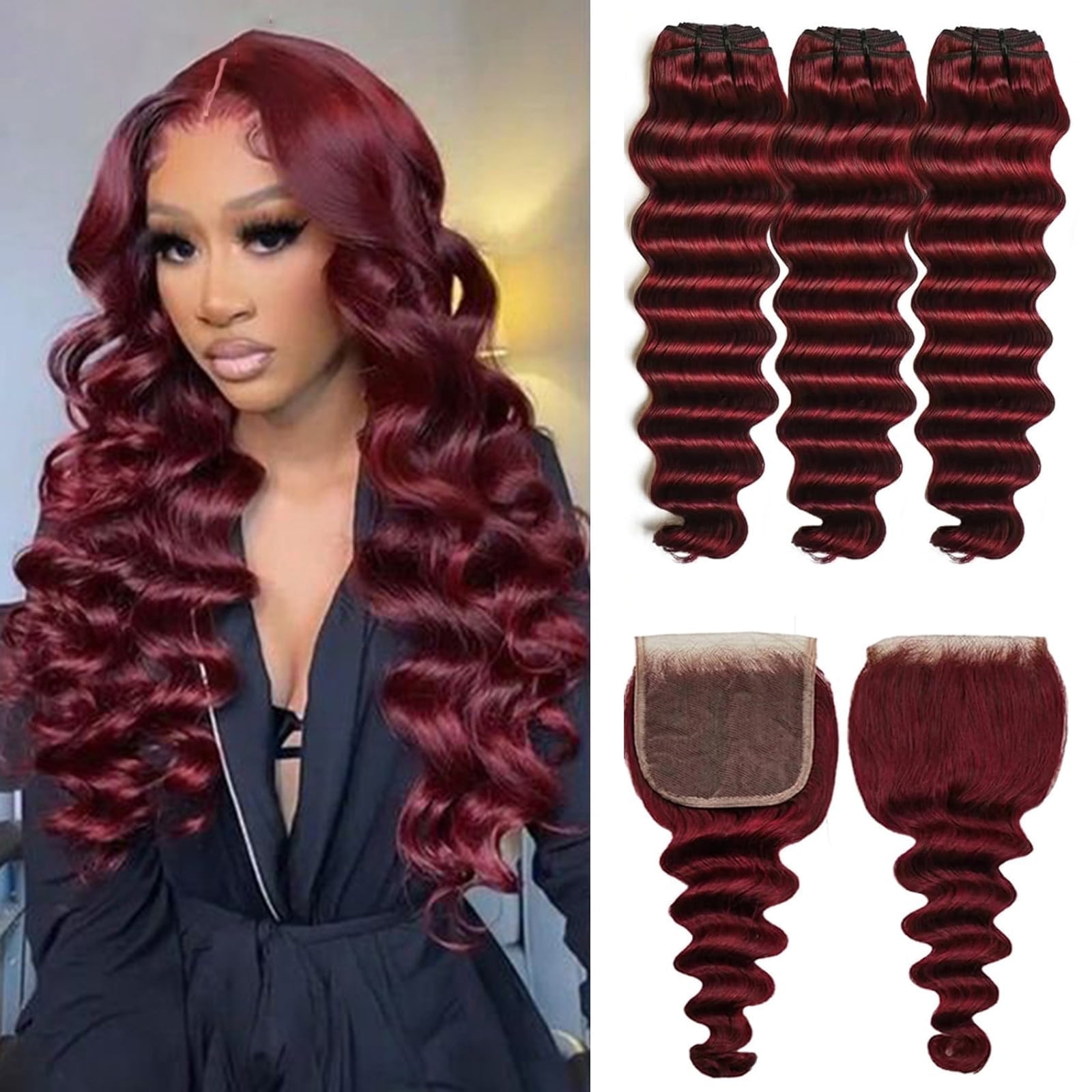 Beaushine 99j Burgundy Loose Deep Wave Human Hair 3 Bundles and 4x4 ...