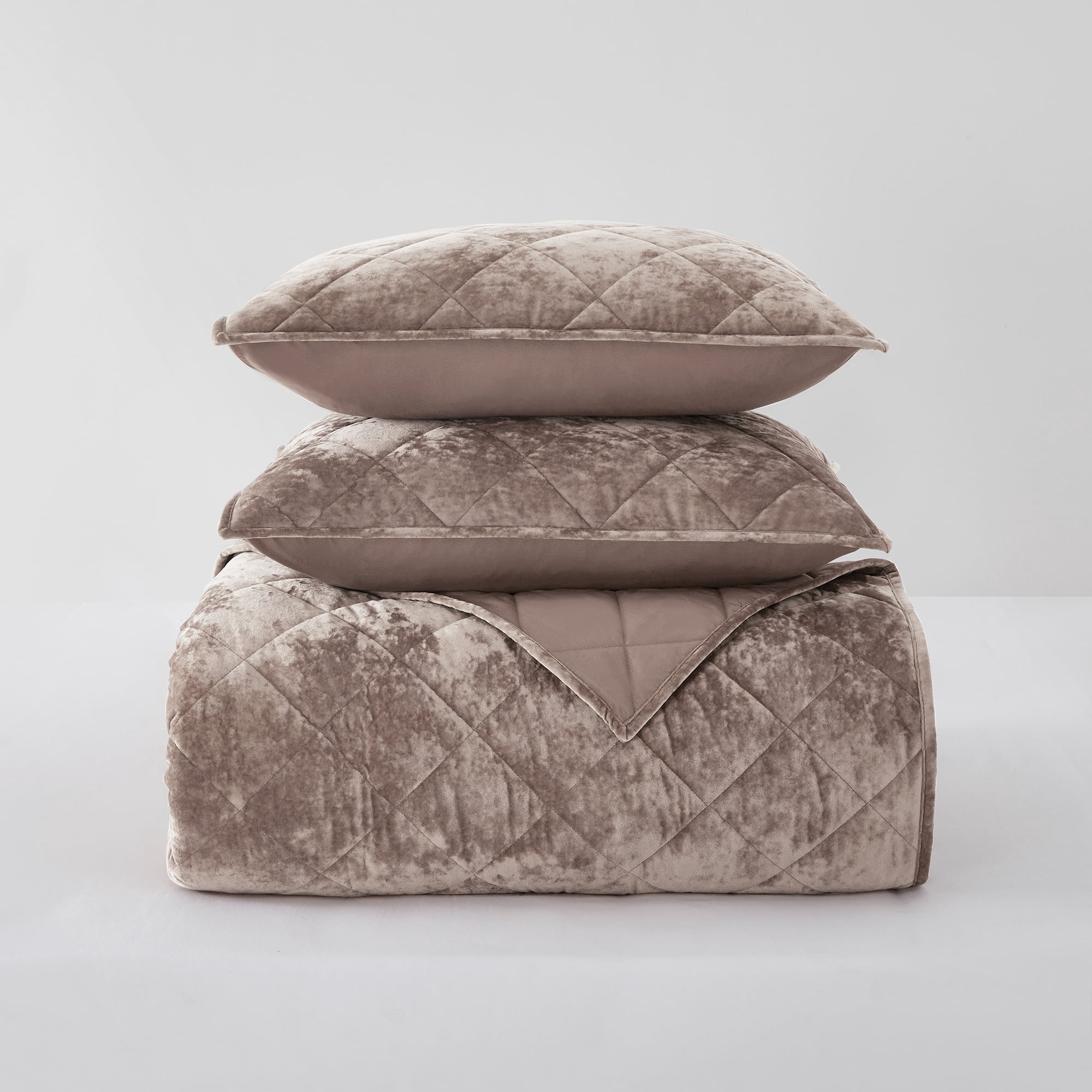 Beaute Living Wonderful Diamond Velvet 3 Piece Quilt Set Light Brown ...