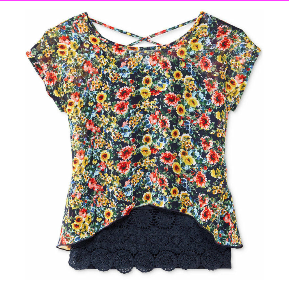 Beautees Girls' 2-Pc. Floral, X-Back Top With Crochet Tank, Navy, Size ...