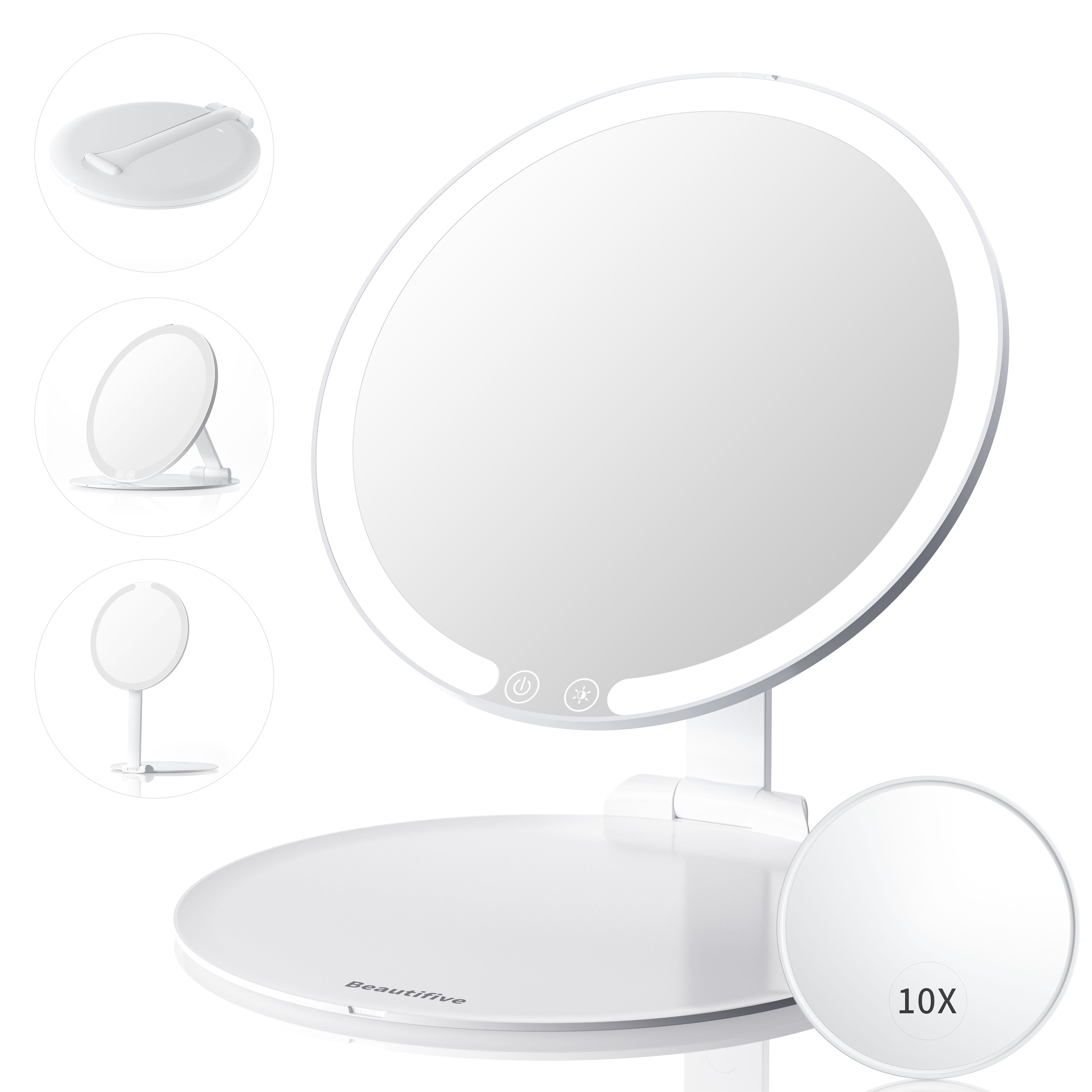 Beautifive 10X/1X LED Travel Lighted Makeup Mirror with Hall Sensor, 3 Colors Light Modes ...