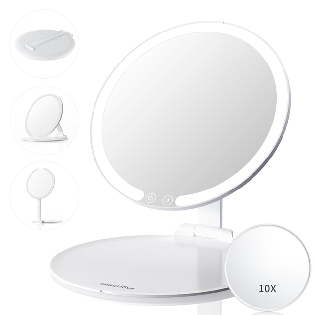Beautifive 10X/1X LED Travel Lighted Makeup Mirror with Hall Sensor, 3 ...