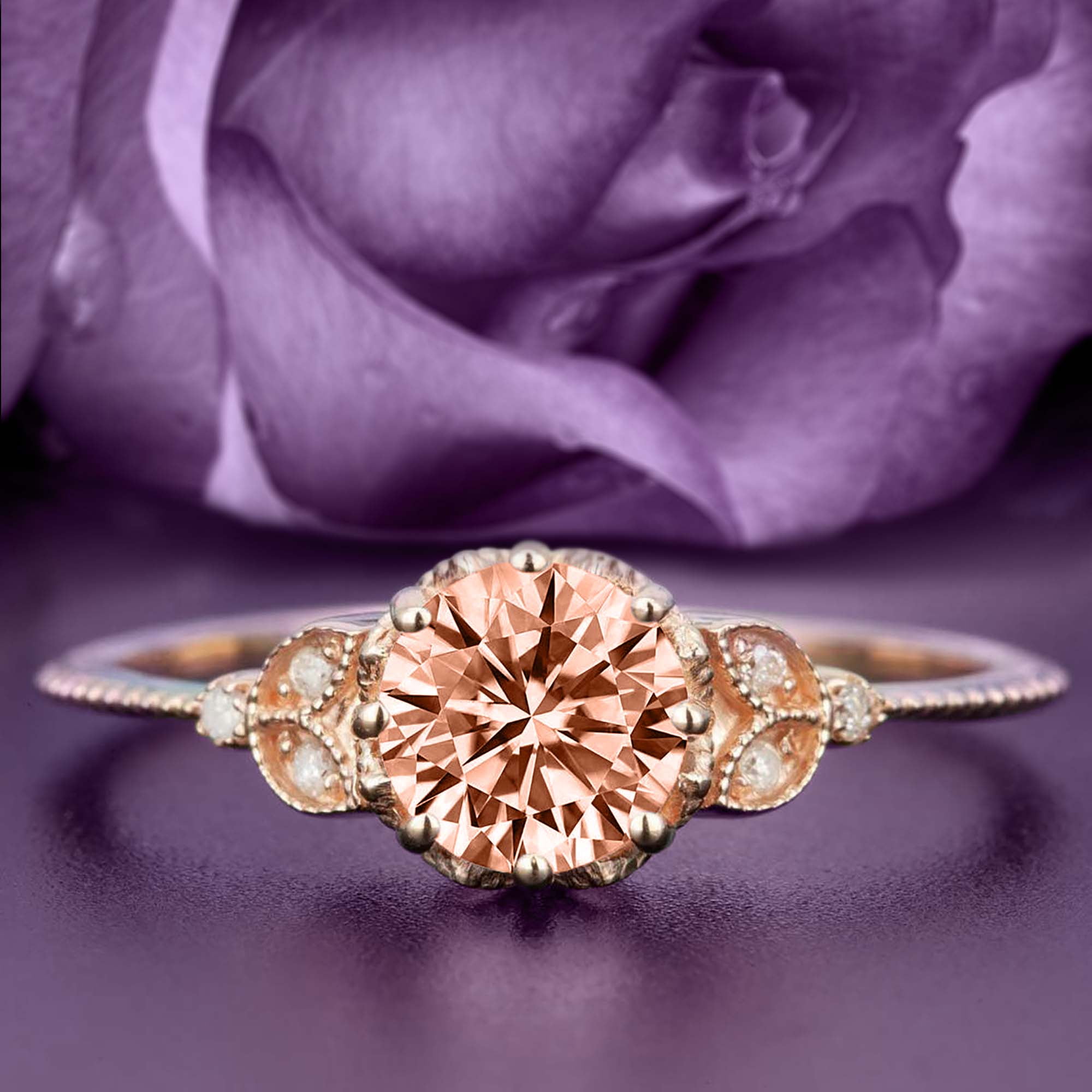Beautiful 1.25 Carat Round Cut Morganite And Diamond Moissanite Floral ...