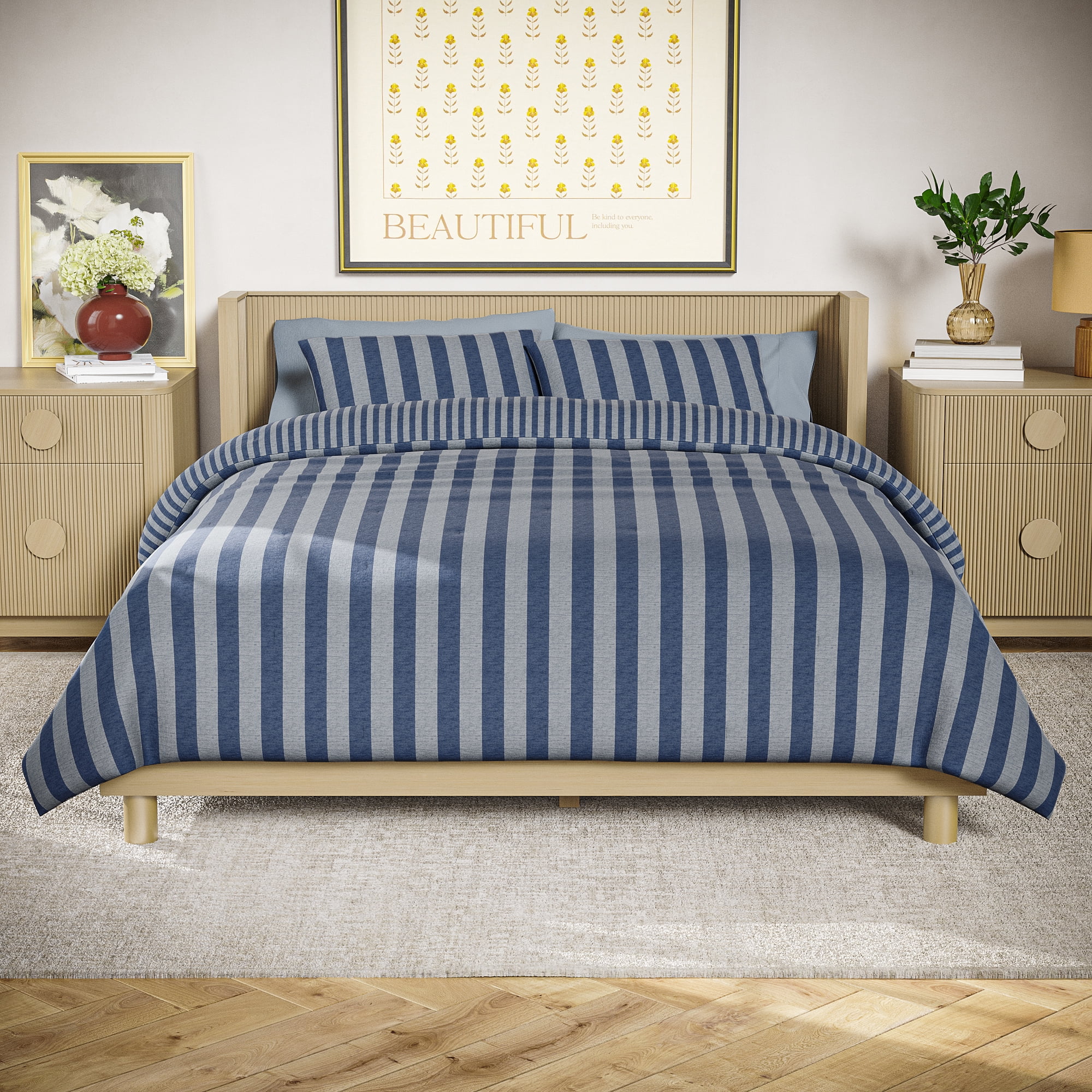Beautiful 100% Cotton Striped 3-Piece Starry Night Blue Comforter Set ...