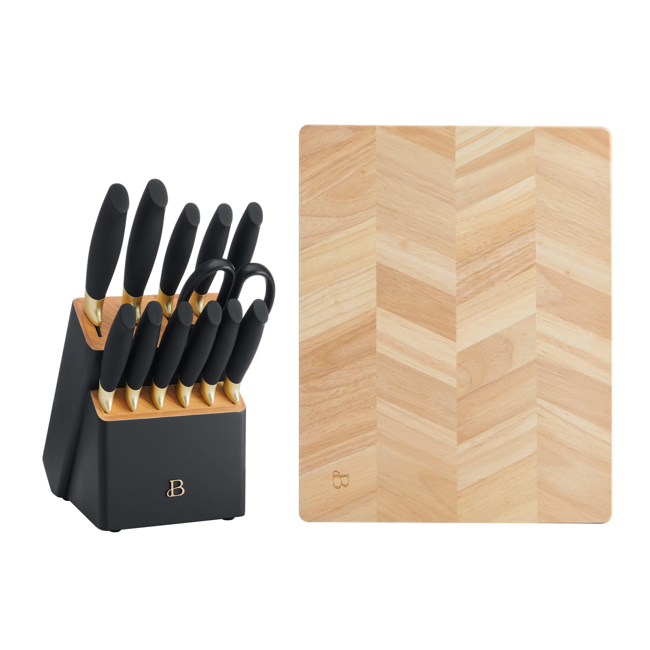 Beautiful 14-Piece Black & Gold Knife Block Set with 11x14 Herringbone ...