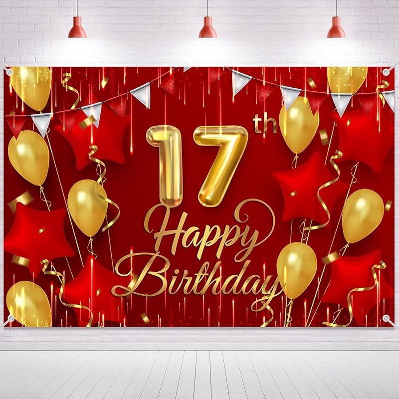 Beautiful 17th Birthday Backdrop Banner Decorations Red and Gold for ...