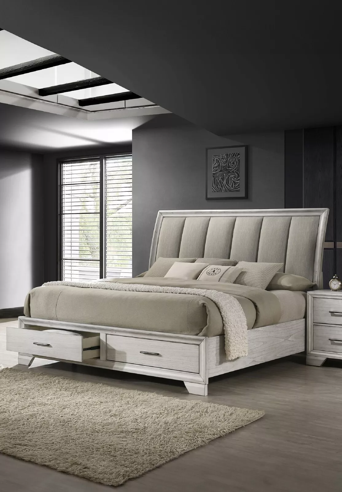 Beautiful 1pc White Cream Finish Storage Platform King Bed Solid Wood ...