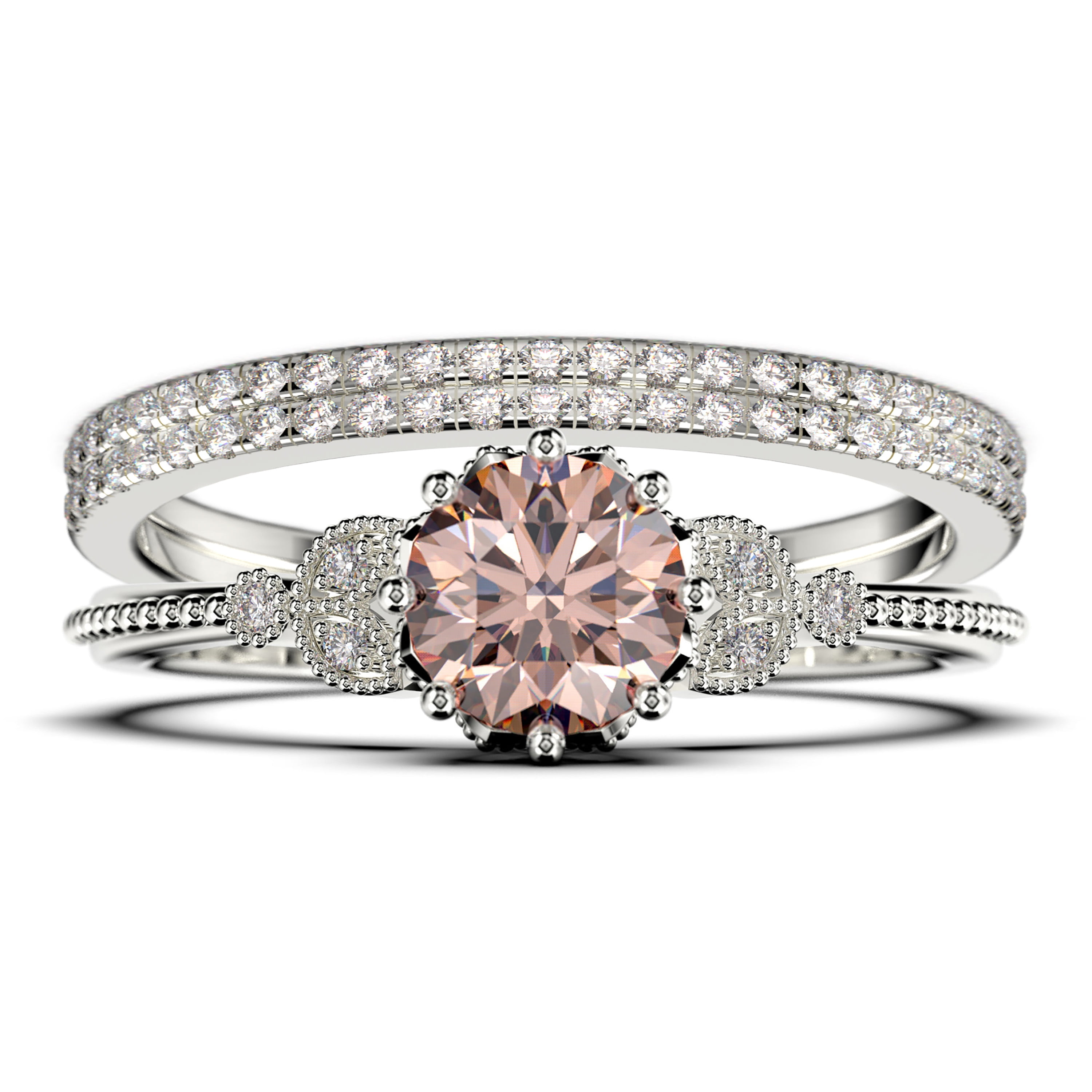 Beautiful 2.25 Carat Round Cut Morganite And Diamond Moissanite Floral Engagement Ring, Antique ...