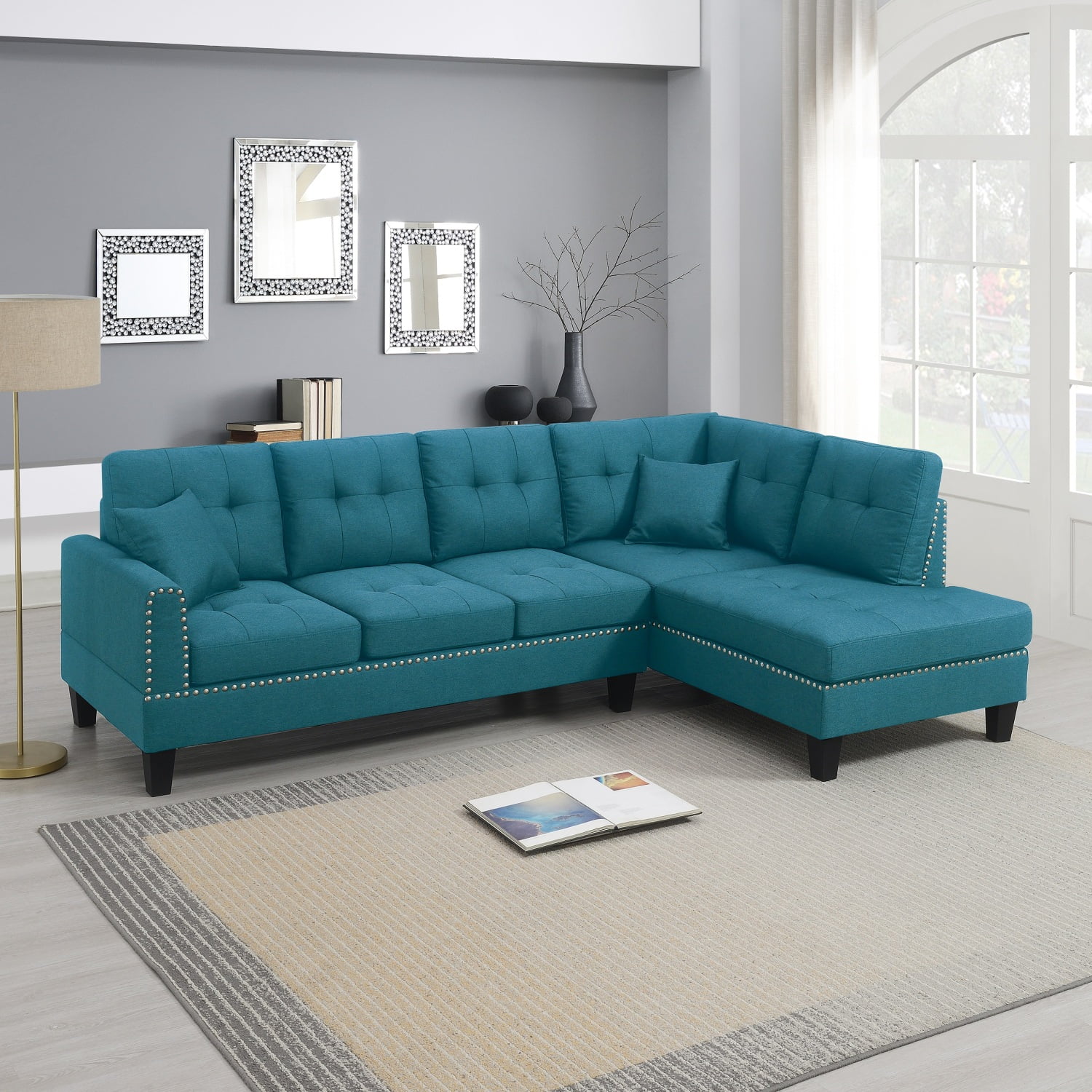 Beautiful 2-Piece Sectional Sofa Set in Azure Blue Color Linen-Like ...
