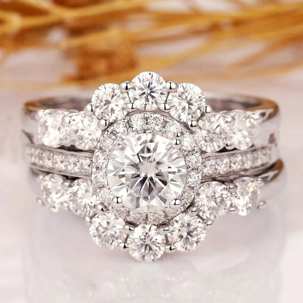 Beautiful 3.00 Ct Round Cut Simulated Diamond Women Trio Set Engagement Bridal Ring 14K White ...