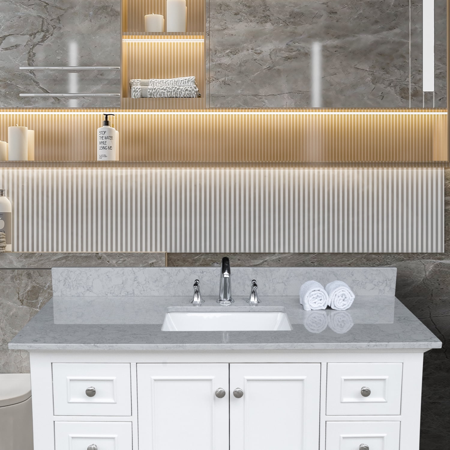Beautiful 31” Gray Carrara Engineered Stone Vanity Top with Backsplash ...