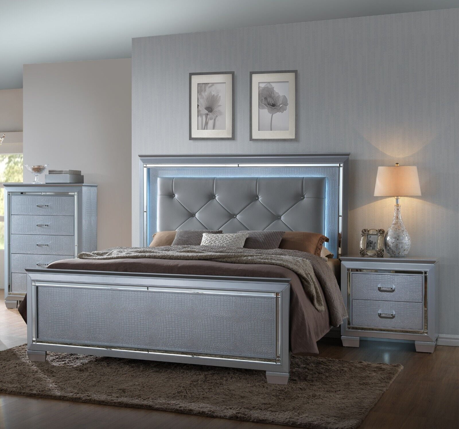 Beautiful 3pc King Size LED Upholstered HB Bed Chest Nightstand Wood ...