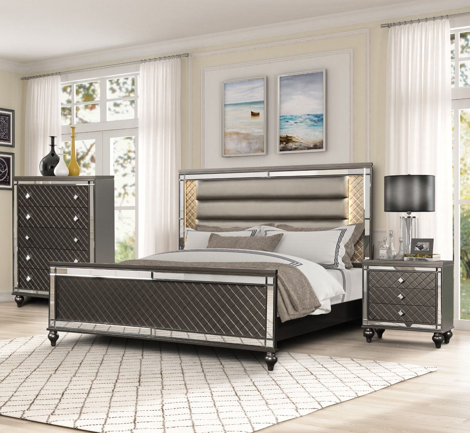 Beautiful 3pc Modern King Size LED Light HB Bed Chest Nightstand Set ...