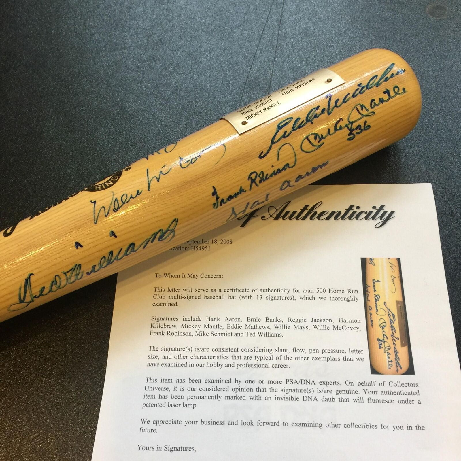 Beautiful 500 Home Run Signed Bat Mickey Mantle Ted Williams 11 Sigs ...