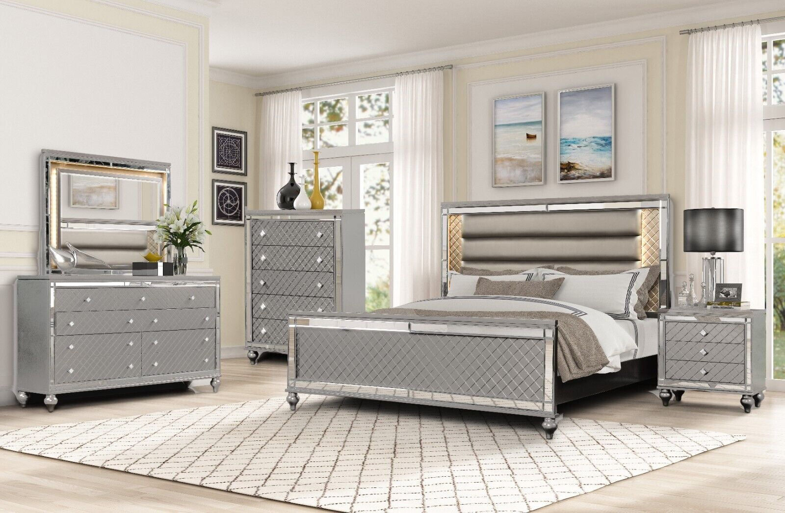 Beautiful 5pc Modern Queen Size LED Lights HB Bed Dresser Mirror ...