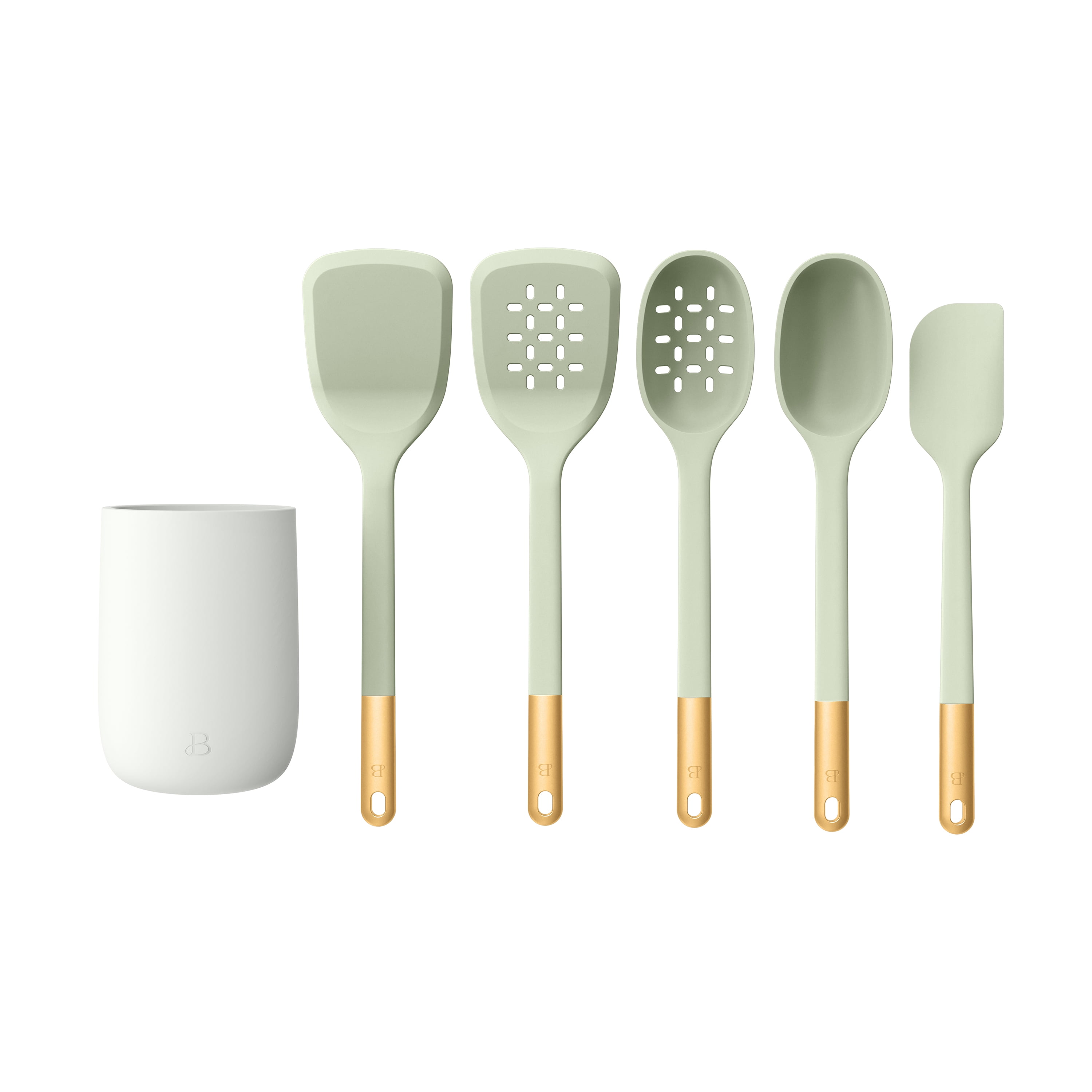 Beautiful 6-Piece Silicone Cooking Utensil Set with Ceramic Crock, Sage ...