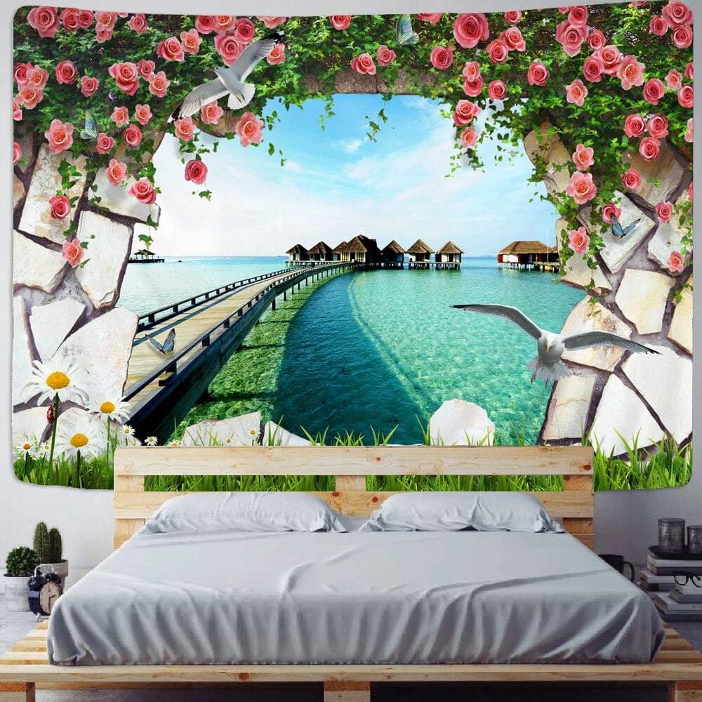 Beautiful Arched Flower Path Tapestry Scery Wall Hanging Carpet Mandala ...