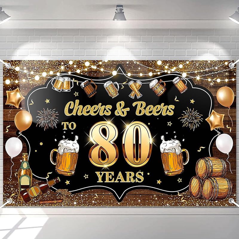 Beautiful Backdrop Cheers & Beers to 80 Years Backdrop Banner Black and ...