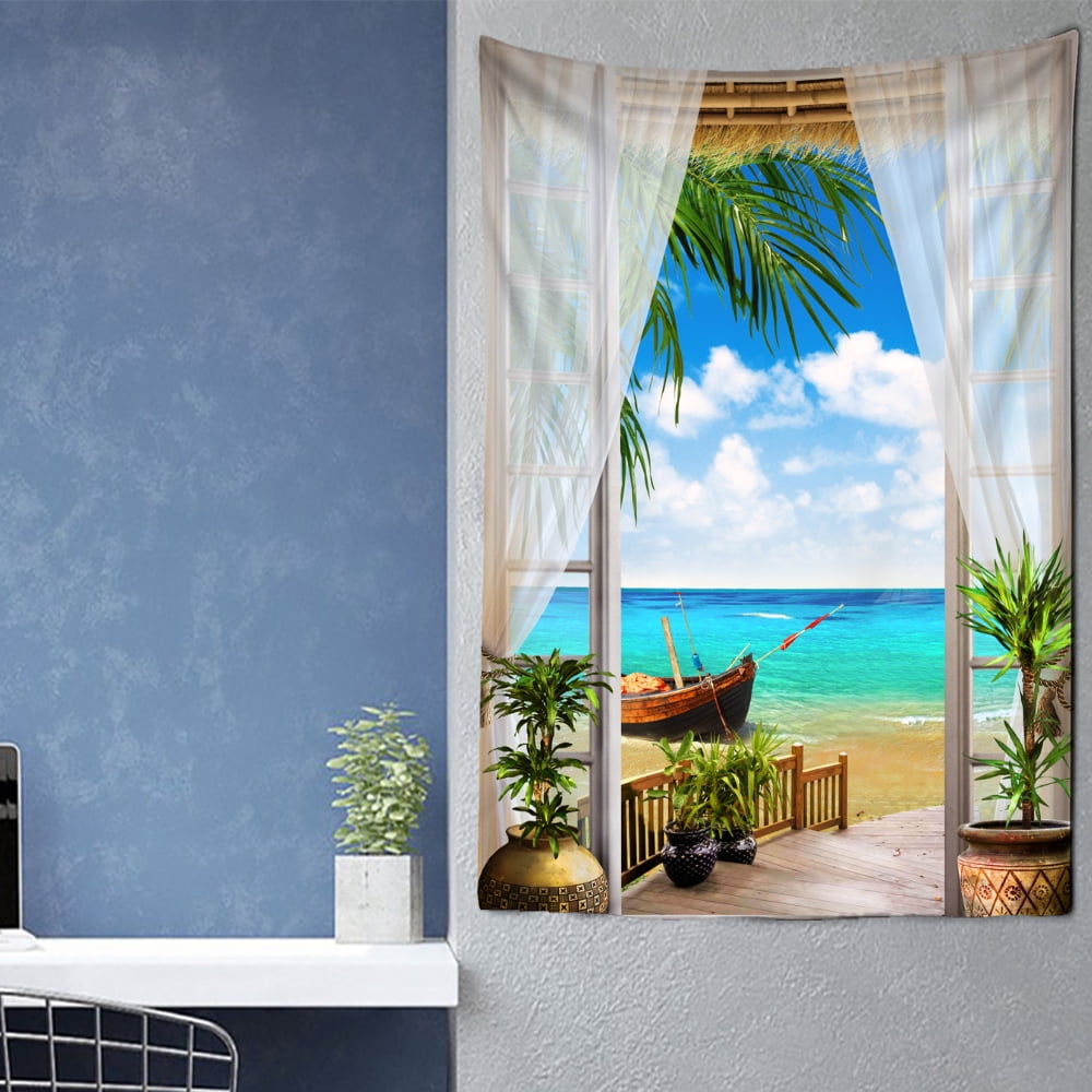 Beautiful Beach Scenery Window Painting Tapestry Wall Hanging Art ...