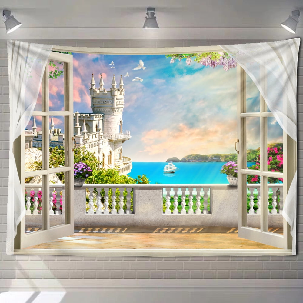 Beautiful Beach Scenery Window Painting Tapestry Wall Hanging Art ...