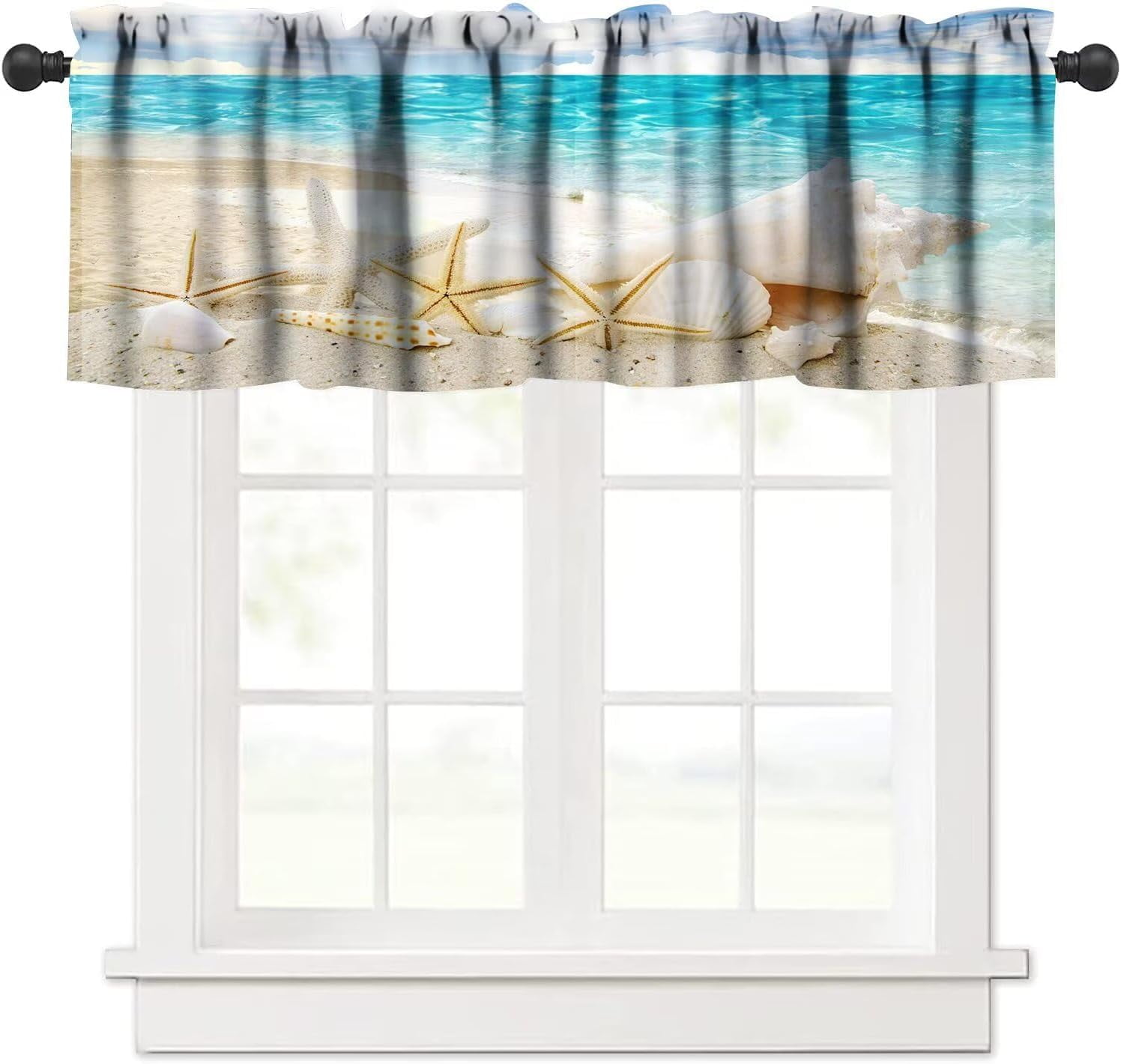 Beautiful Beach Seascape Conch Valance Curtain Sea Rod Pocket Valance ...