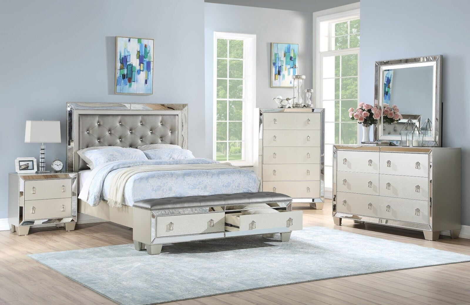 Beautiful Bedroom Furniture Queen Size Bed 2xNightstands Mirror Dresser ...