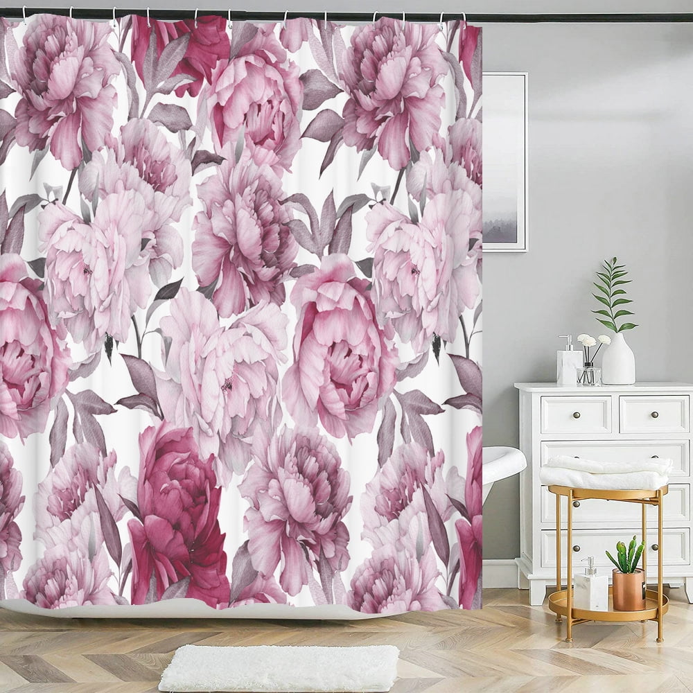 Beautiful Big Pink flowers printing shower curtain polyester waterproof ...