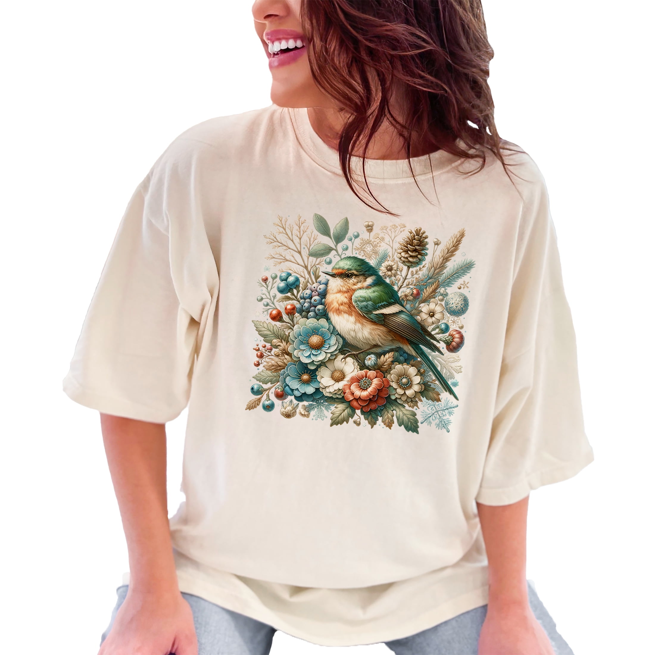 Beautiful Bird and Floral Illustration T-shirt, Nature Inspired Graphic ...