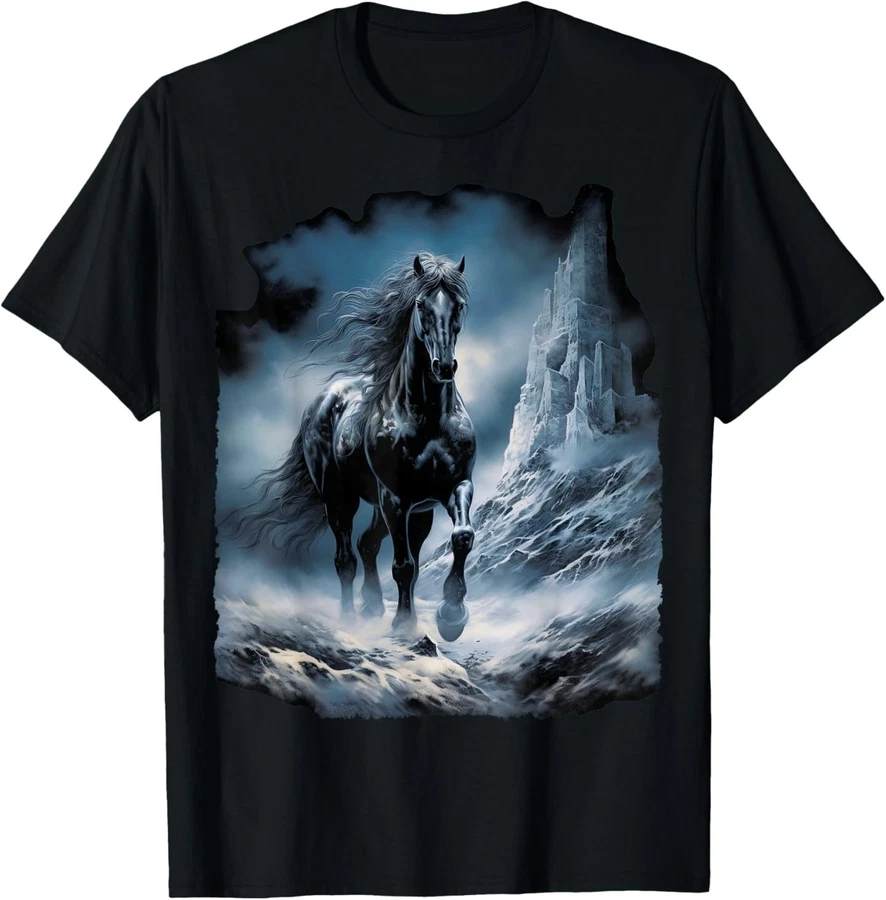 Beautiful Black Horse Running Through Snow Animal Nature Graphic Tee ...