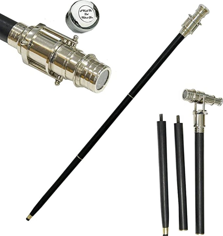 Beautiful Black Wood Walking Stick- Hidden Spy Chrome Telescope Handle ...