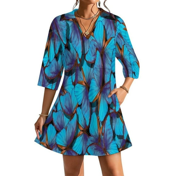 Beautiful Blue Different Butterflys Womens Dress With Pockets Summer V ...
