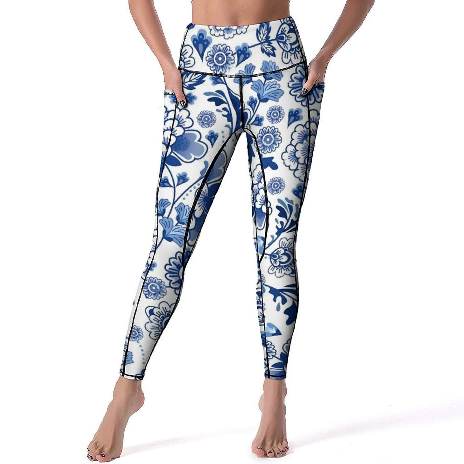 Beautiful Blue Flower Leggings Floral Print Fitness Yoga Pants Push Up Sports Tights Pockets ...